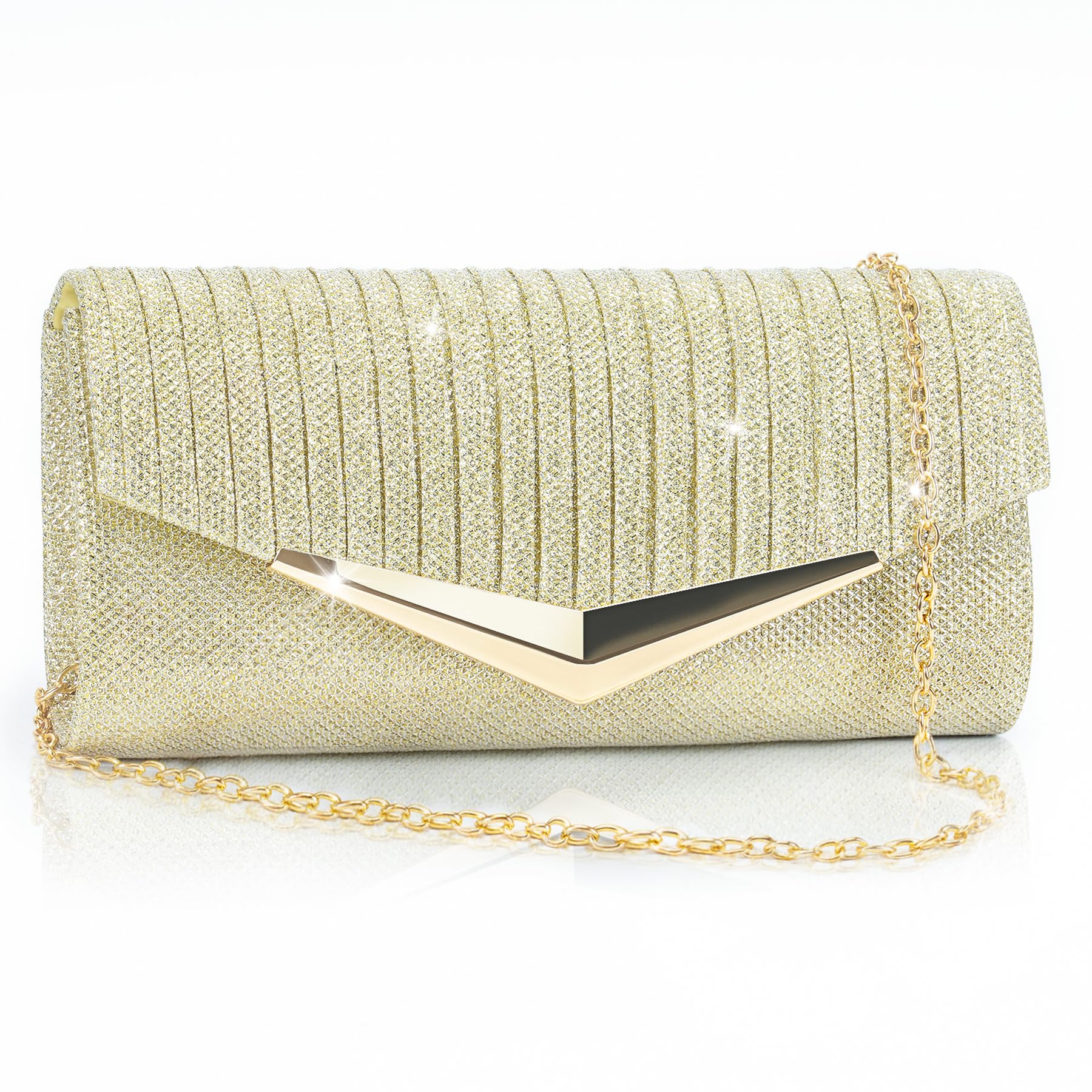 Larcenciel Clutch Purses for Women, Pleated Sequin Envelope Evening Bags w/Chain, Shiny Formal Ladies Shoulder Crossbody Handbags Perfect for Party Prom Weddings Holidays Special Occasions (Gold)