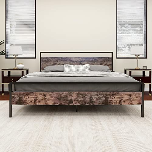 NNV Metal Platform King Size Bed Frame with Wooden Headboard and Footboard, Strong Metal Slats Support Mattress Foundation No Box Spring Needed Easy Assembly Black