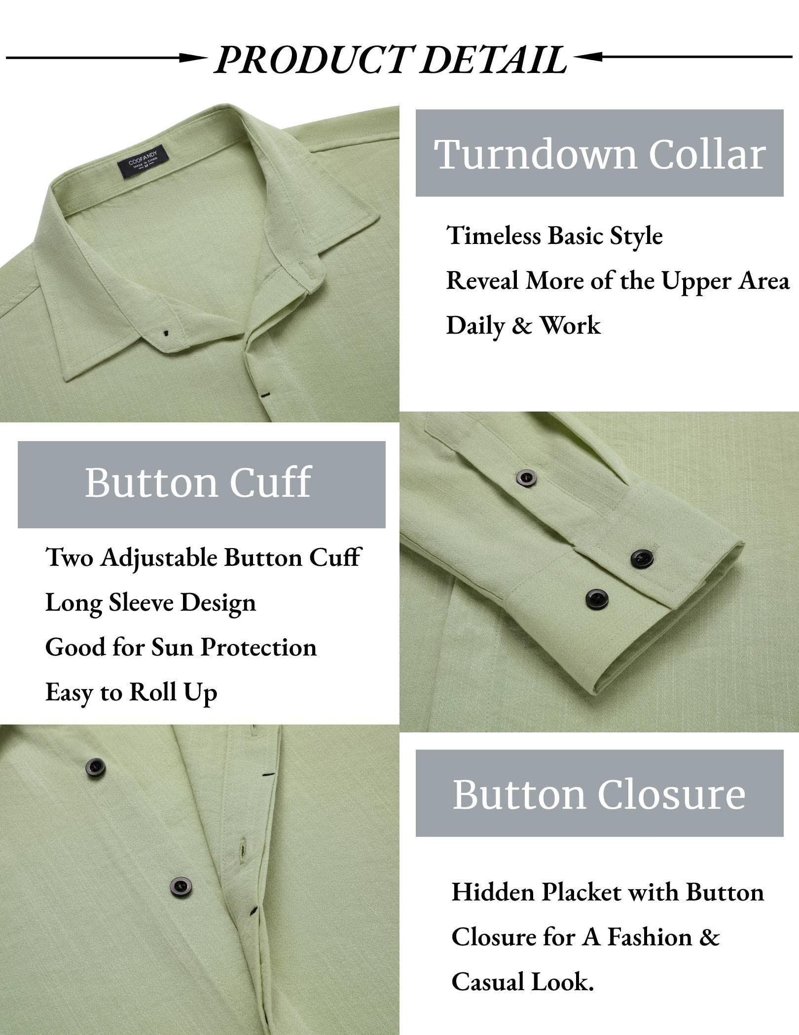 COOFANDY Men's Beach Shirt Button Up Shirts Casual Long Sleeve Slim Fit Summer Shirts Light Green