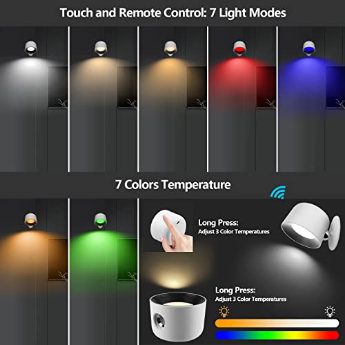 Amouhom LED Wall Sconce with Remote Touch Control Wall Mounted Night Light 5 Brightness Levels &7 Colors with 2500 mAh Battery 360° Rotating Bedside Lamp for Bedroom Living Room (White)