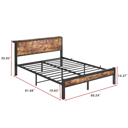 DUMEE Metal Queen Bed Frame with Wood Storage Headboard with USB Ports and Charging Station, Metal Platform Bed Frames Queen Size, No Box Spring Needed, Noise Free, Black & Rustic Brown