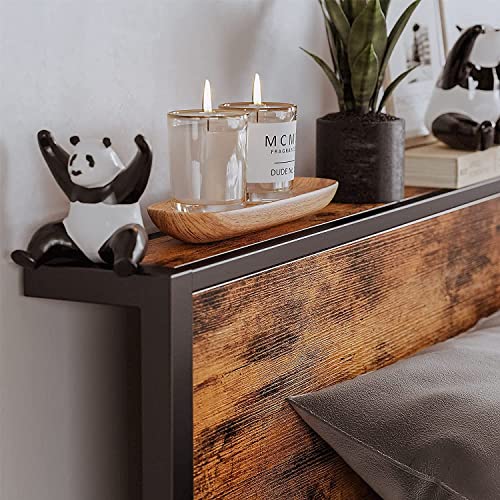 DUMEE Metal Queen Bed Frame with Wood Storage Headboard with USB Ports and Charging Station, Metal Platform Bed Frames Queen Size, No Box Spring Needed, Noise Free, Black & Rustic Brown