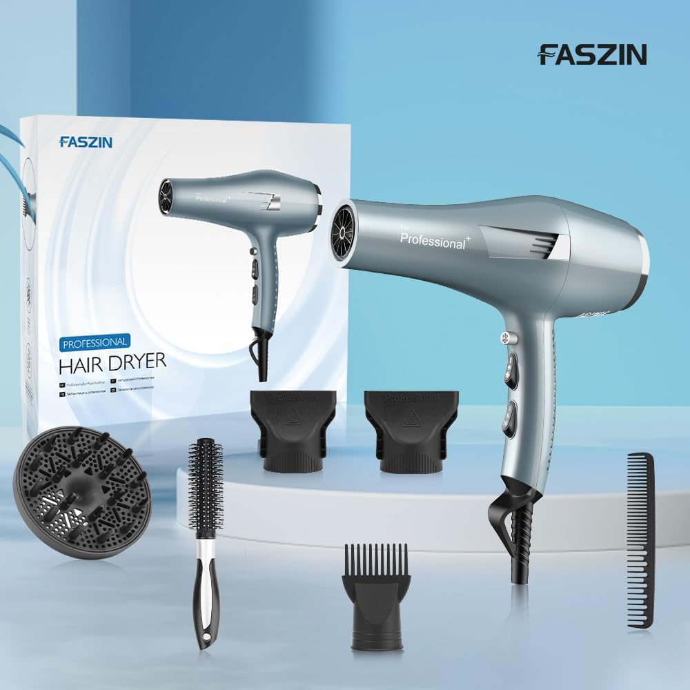 Ionic Salon Hair Dryer, Professional Blow Dryer AC Motor Fast Drying with 2 Speed, 3 Heat Setting, Cool Button, with Diffuser, Nozzle, Concentrator Comb for Curly & Straight Hair-Blue