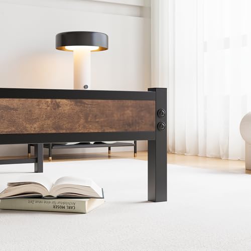 DUMEE Metal Queen Bed Frame with Wood Storage Headboard with USB Ports and Charging Station, Metal Platform Bed Frames Queen Size, No Box Spring Needed, Noise Free, Black & Rustic Brown