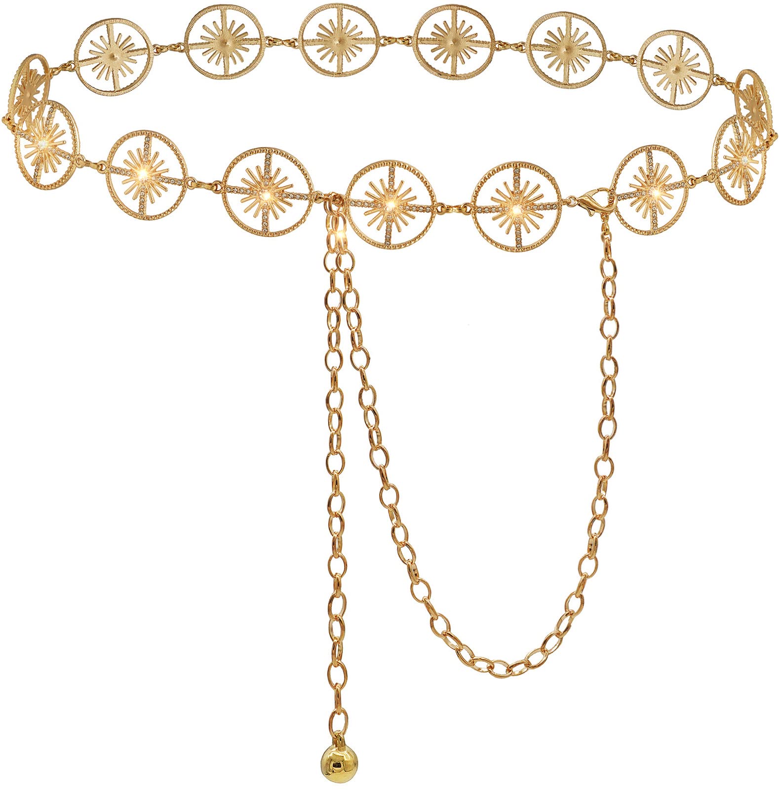 Glamorstar Chain Belts for Women Hollow Metal Waist Chain Belts Dress Belt for Her Circle Crystal Compass Gold 150CM