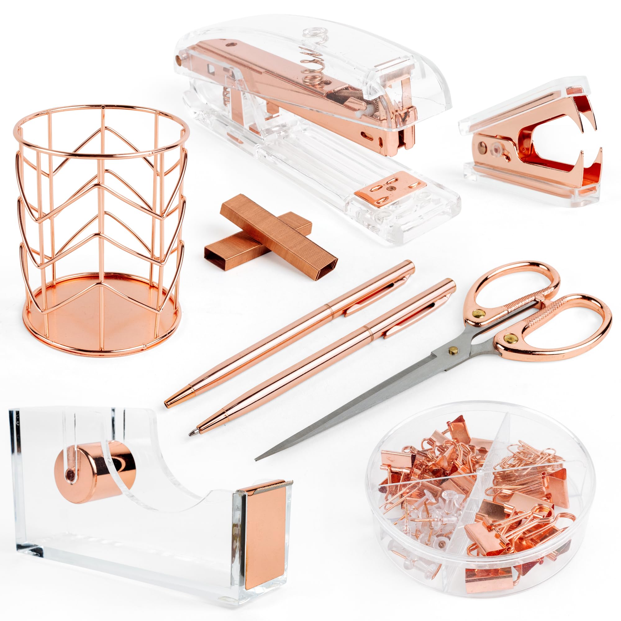 Every Desk Rose Gold Office Supplies for Desk - Rose Gold Desk Accessories Set with Cute Stapler, Tape Holder, Staple Remover, 2 Pens, Scissors, and More - Stylish Office Supplies Kit