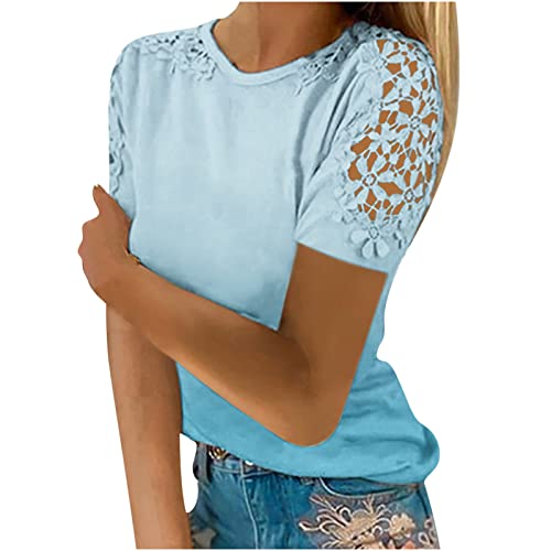 Lace Crochet Short Sleeve Tops for Women Plus Size Summer Casual t-Shirt Gradient Color Trendy Blouse 2024