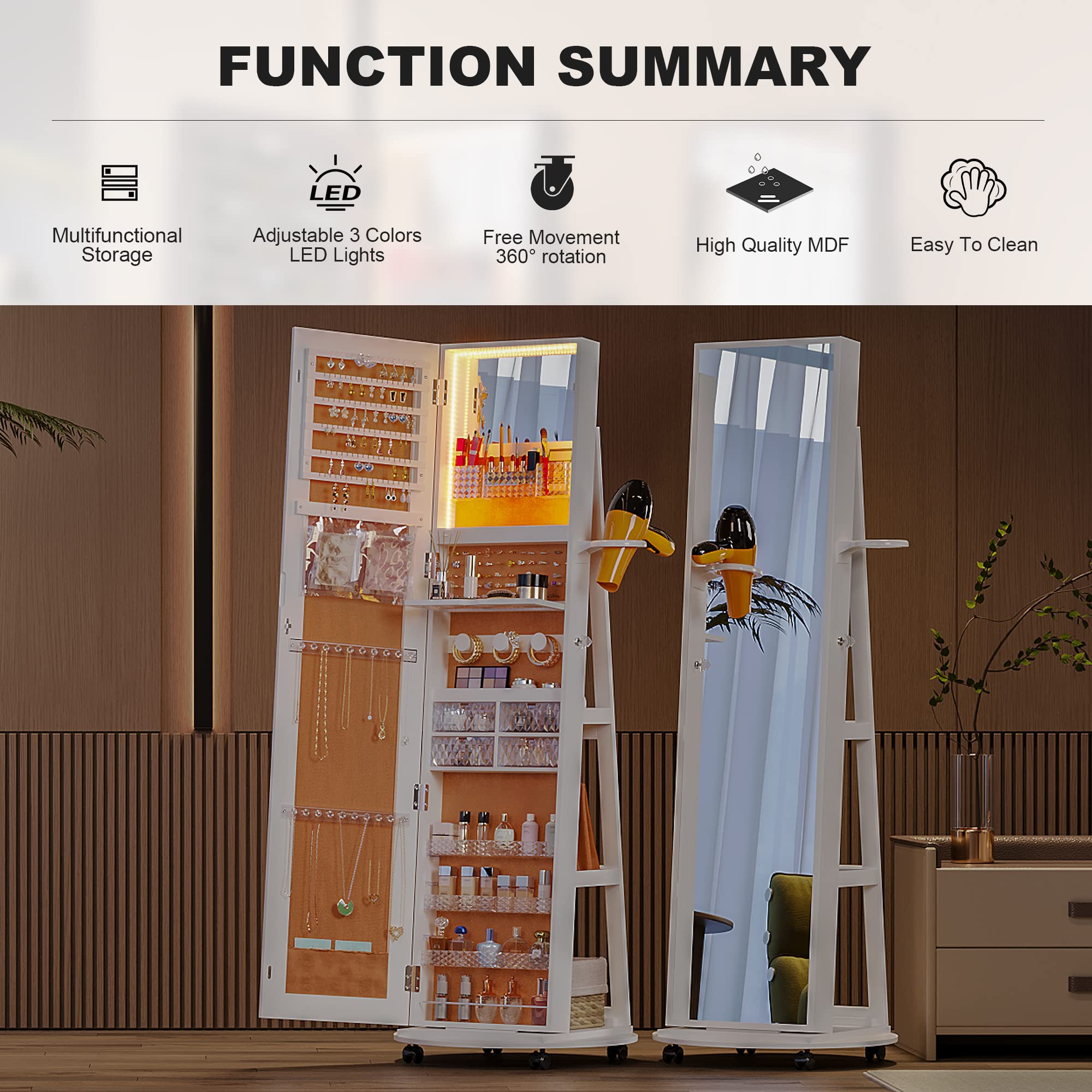 HNEBC 360° Swivel Jewelry Armoire with Mirror, LED Mirror Jewelry Cabinet Standing, Full Length Mirror with Jewelry Storage, Standing Jewelry Organizer/Lockable Wheels/Foldable Makeup Shelf (White)