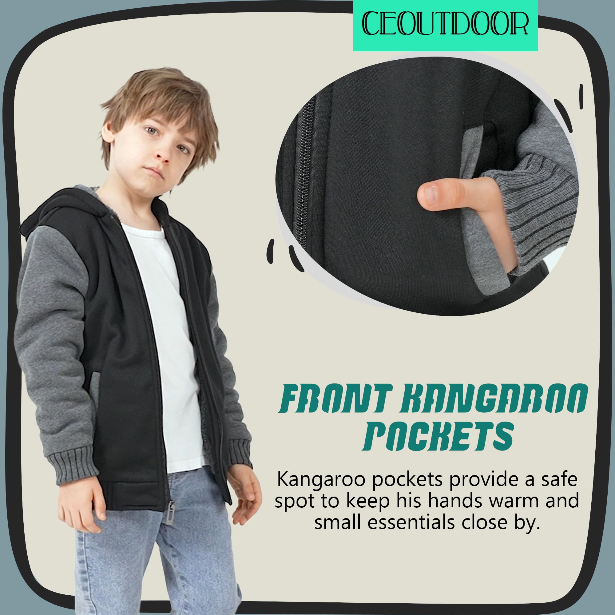 Ceoutdoor Boys Fleece Jacket Zip up Sweatshirt Hoodie Soft Warm Outdoor Winter Coat for Kids (B-Black/Grey,Size 6-7)