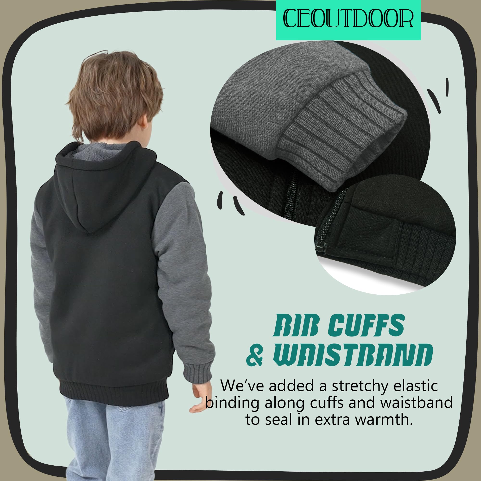Ceoutdoor Boys Fleece Jacket Zip up Sweatshirt Hoodie Soft Warm Outdoor Winter Coat for Kids (B-Black/Grey,Size 6-7)