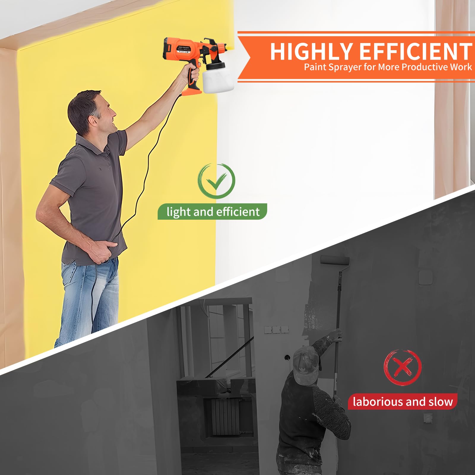 Paint Sprayer, High Power Spray Paint Gun with 5 Copper Nozzles, 3 Spray Patterns and 1400ML Container, Paint Sprayers for Home Interior and Exterior