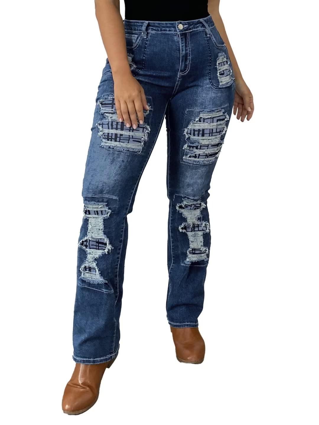Flamingals Ripped Boot Cut Jeans Tummy Control Jeans for Women Stretch Trendy Mid Waist Cowgirl Jeans Navy Blue XL