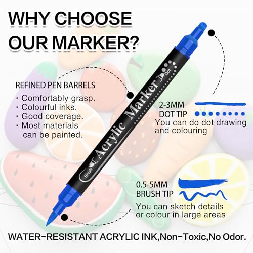 DEYONI Dual Tip Acrylic Paint Pens, 26 Colors, Medium and Brush Tips, Ideal for Rock Painting, Ceramic, Wood, Plastic, Calligraphy, Scrapbooking, Card Making, DIY Crafts