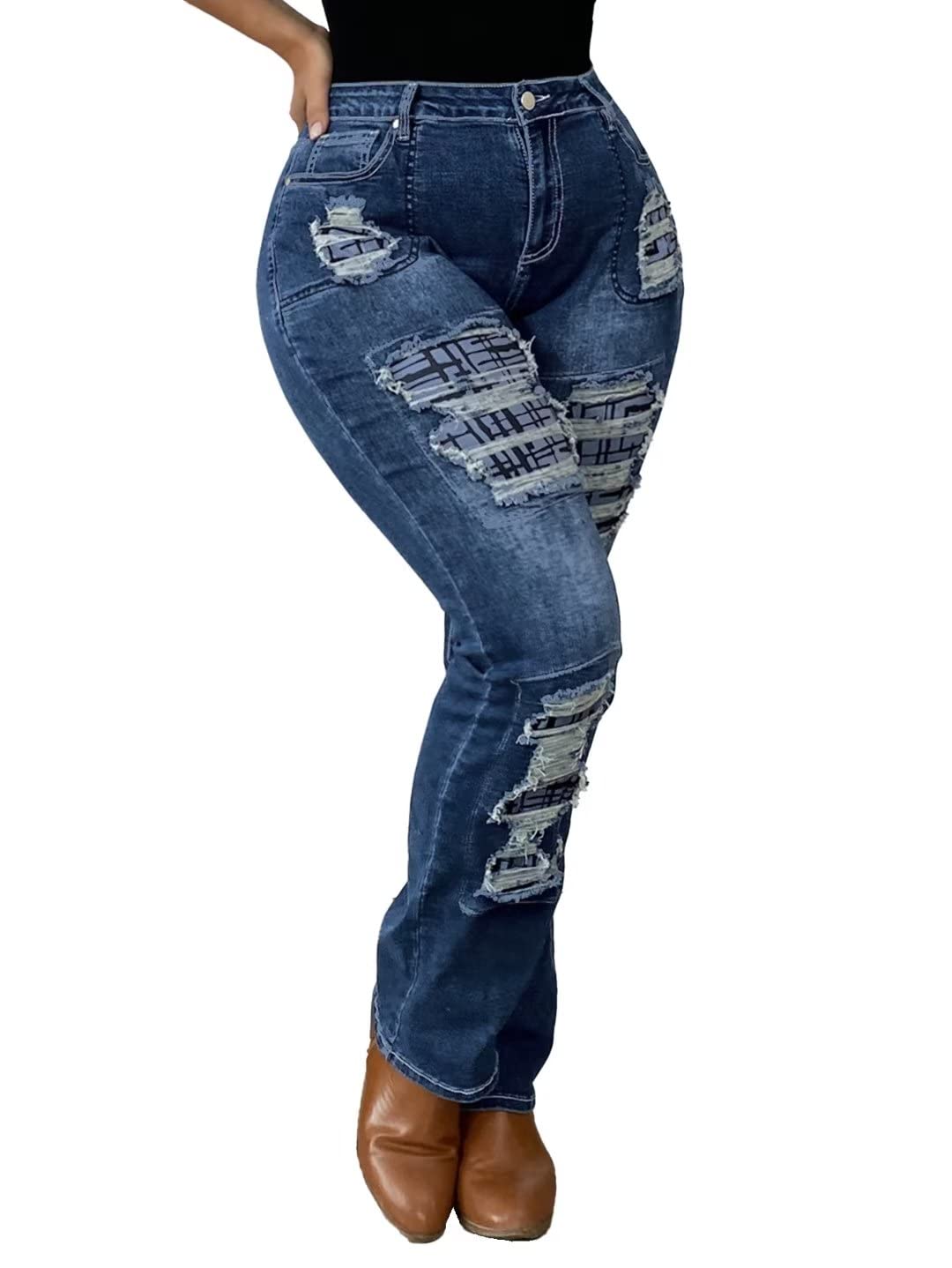 Flamingals Ripped Boot Cut Jeans Tummy Control Jeans for Women Stretch Trendy Mid Waist Cowgirl Jeans Navy Blue XL