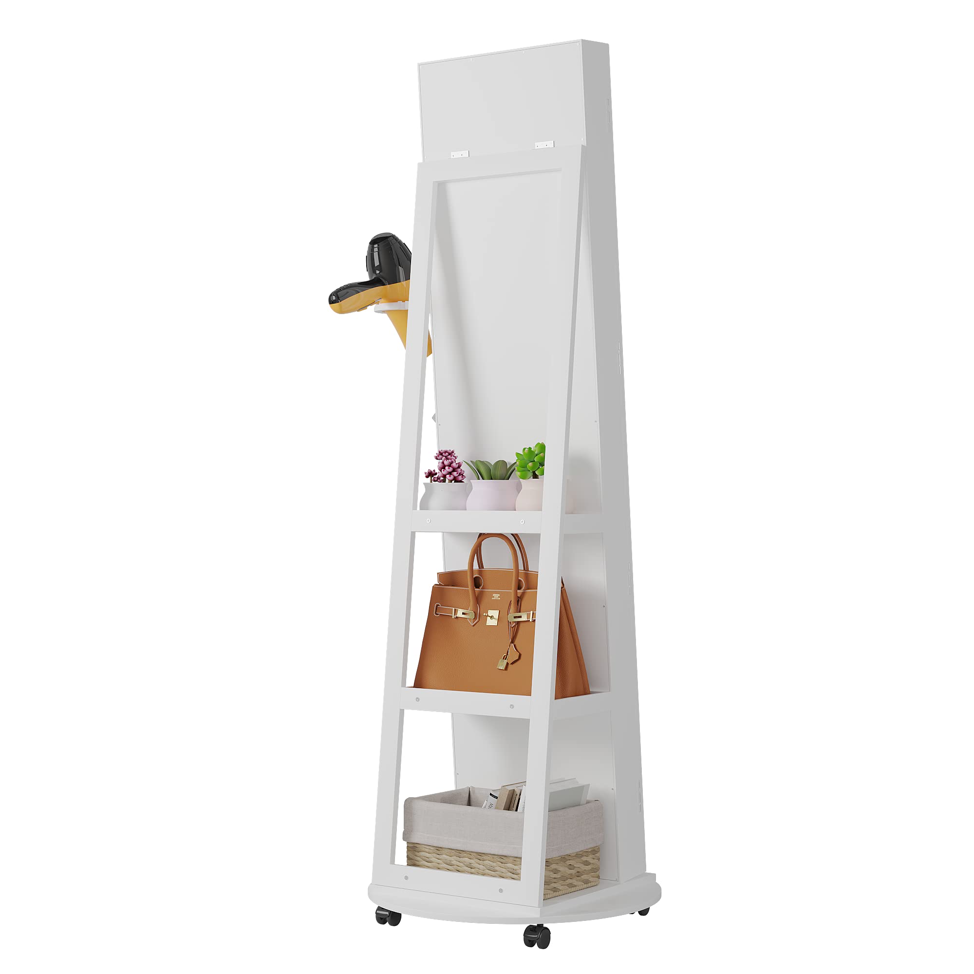 HNEBC 360° Swivel Jewelry Armoire with Mirror, LED Mirror Jewelry Cabinet Standing, Full Length Mirror with Jewelry Storage, Standing Jewelry Organizer/Lockable Wheels/Foldable Makeup Shelf (White)