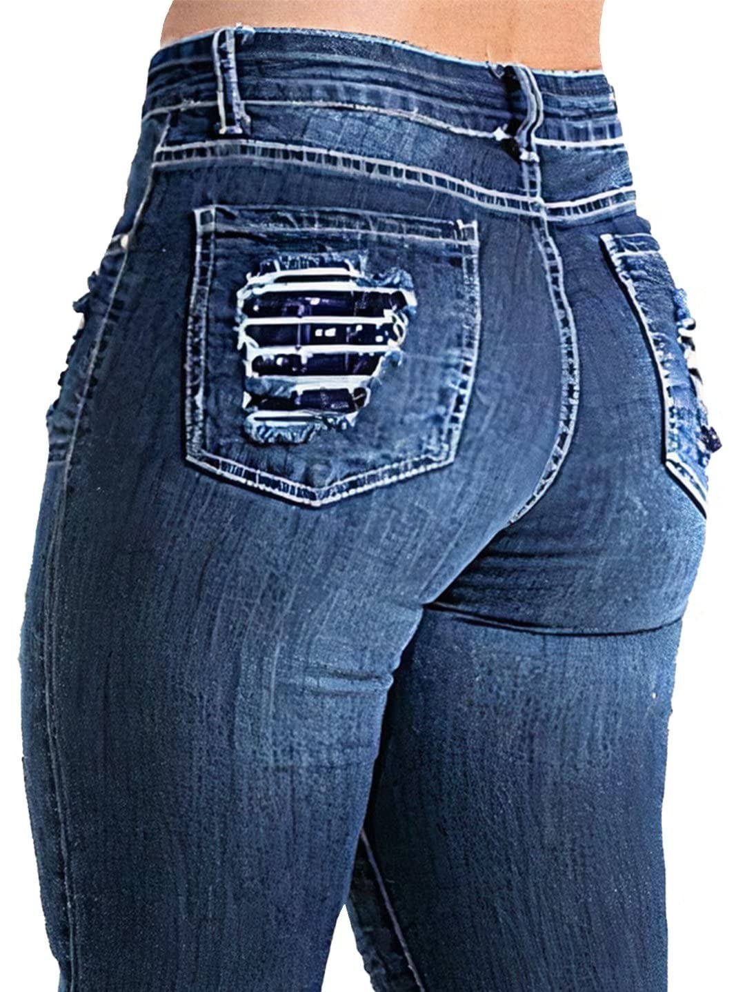 Flamingals Ripped Boot Cut Jeans Tummy Control Jeans for Women Stretch Trendy Mid Waist Cowgirl Jeans Navy Blue XL