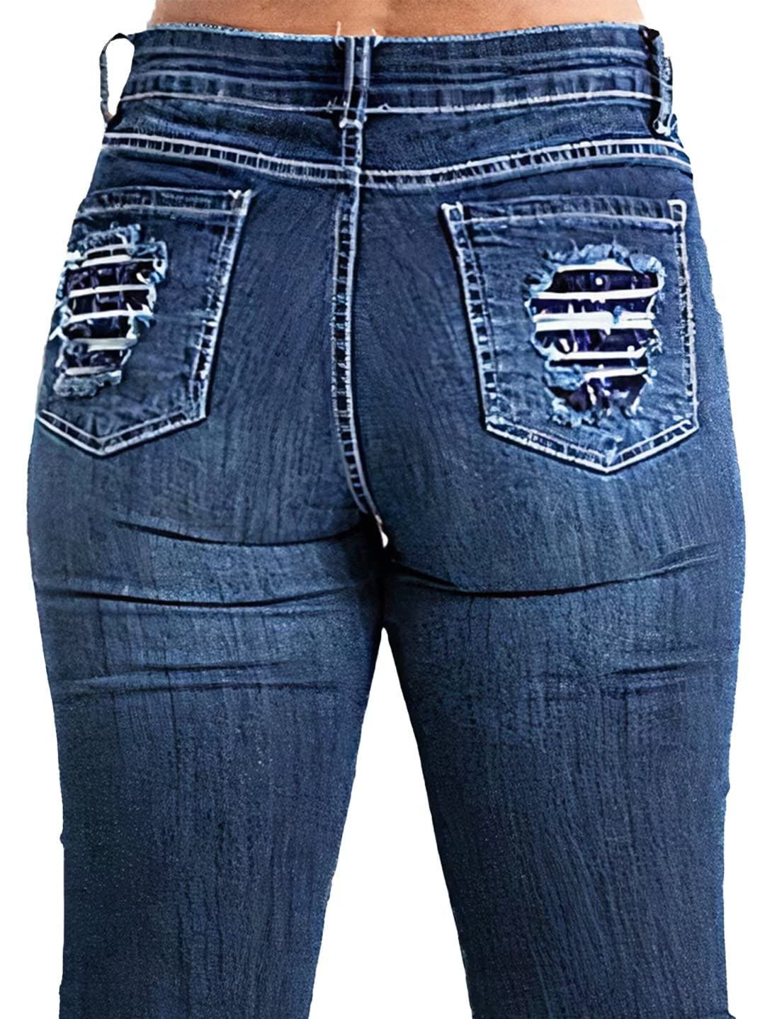 Flamingals Ripped Boot Cut Jeans Tummy Control Jeans for Women Stretch Trendy Mid Waist Cowgirl Jeans Navy Blue XL