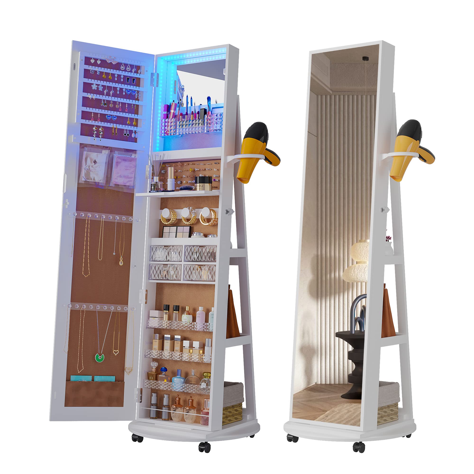HNEBC 360° Swivel Jewelry Armoire with Mirror, LED Mirror Jewelry Cabinet Standing, Full Length Mirror with Jewelry Storage, Standing Jewelry Organizer/Lockable Wheels/Foldable Makeup Shelf (White)