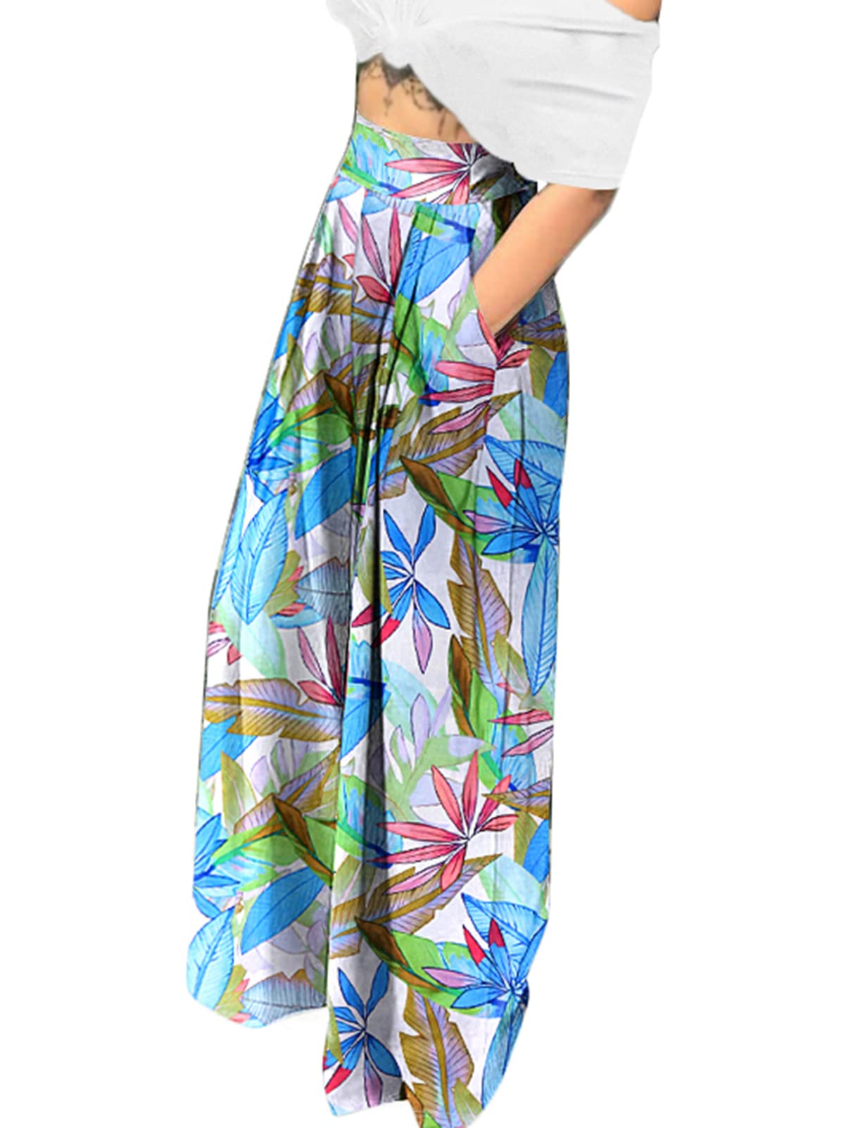 Famnbro Women's Boho Palazzo Pants Loose Fit Elastic High Waisted Long Wide Leg Trousers Plus Size