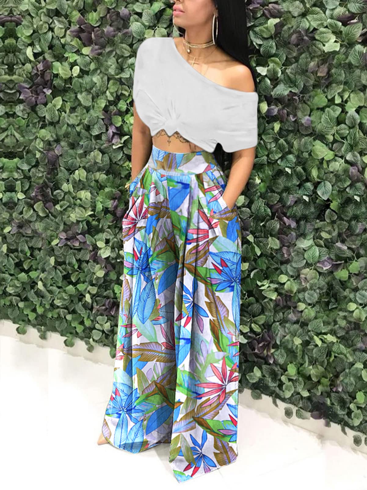 Famnbro Women's Boho Palazzo Pants Loose Fit Elastic High Waisted Long Wide Leg Trousers Plus Size