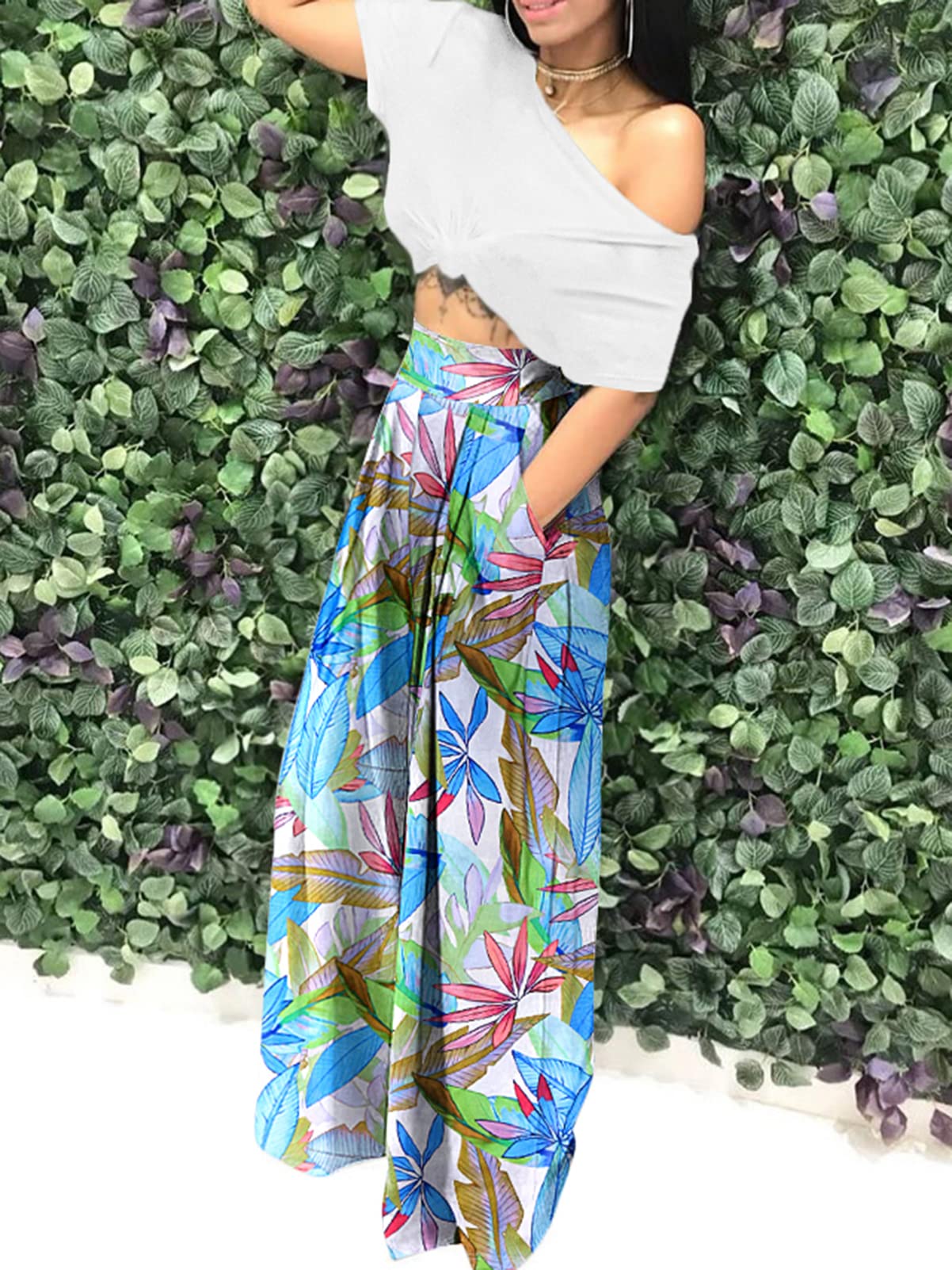 Famnbro Women's Boho Palazzo Pants Loose Fit Elastic High Waisted Long Wide Leg Trousers Plus Size