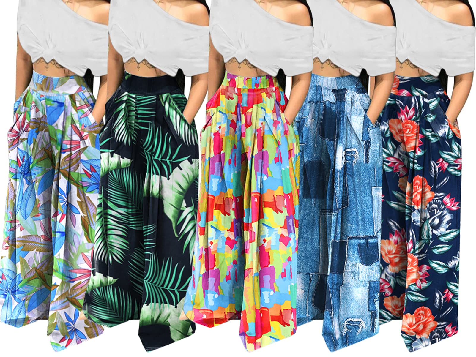 Famnbro Women's Boho Palazzo Pants Loose Fit Elastic High Waisted Long Wide Leg Trousers Plus Size