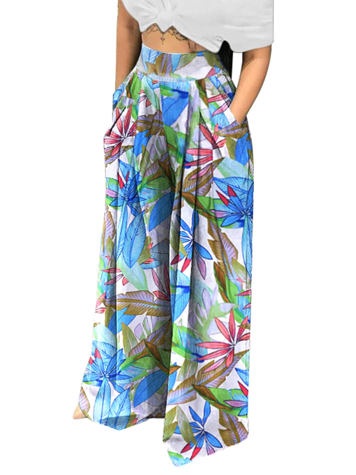 Famnbro Women's Boho Palazzo Pants Loose Fit Elastic High Waisted Long Wide Leg Trousers Plus Size