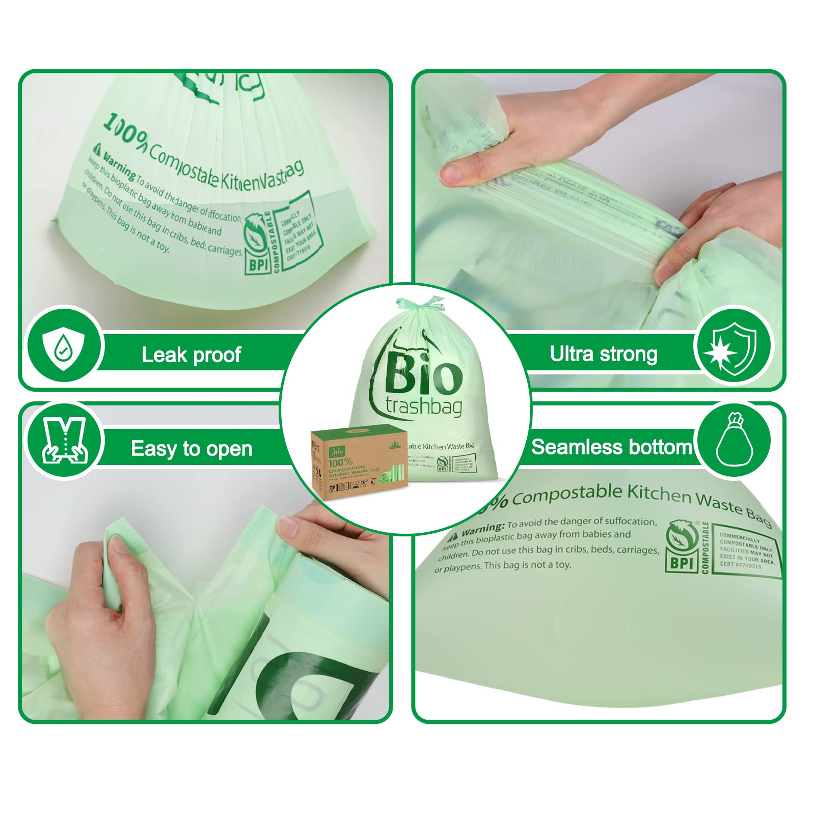 8 Gallon Compostable Trash Bags, 50 Count Drawstring Trash Bags Biodegradable, Heavy Duty Extra Thick Compost Bags, Kitchen Food Scrap Waste Bag, US BPI and OK Compost Home Certified