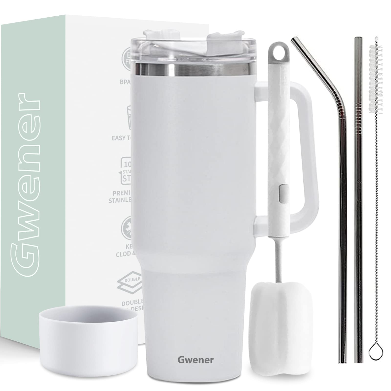 40 oz Tumbler With Handle and Straw Lid, Stainless Steel Insulated Tumblers Travel Mug, for Hot and Cold Beverages Thermos Travel Coffee Mug for Both Men and Women (White)