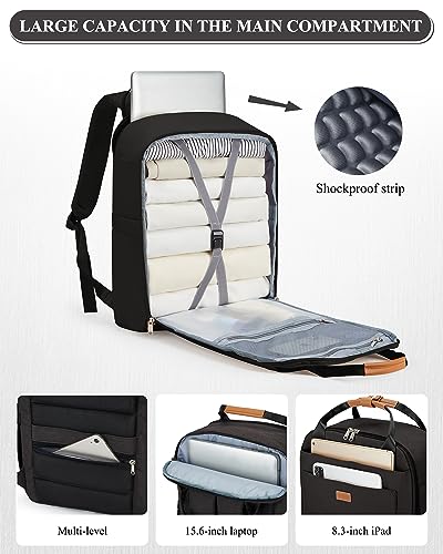 UPPACK Travel Backpack for Women Men Carry on Backpack for Airplanes Large Hiking Back Pack Black Personal Item Backpack Suitcase Overnight Backpack Laptop Backpack 15.6 Inch