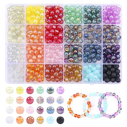 MAKERSLAND 24 Color Plated Glass Beads for Jewelry Making Bracelet Making Kit, DIY Gemstone Beads Crystal Beads, Plated Glass Beads Round Beads for Women 8mm