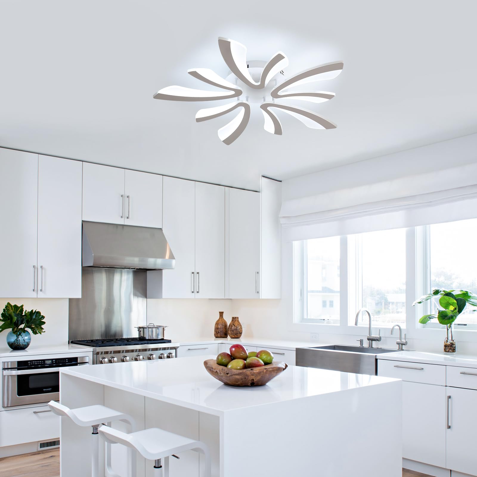 Goeco Modern Ceiling Light, 27.5'' Dimmable LED White Acrylic V-Shaped Flush Mount Ceiling Lights, 3000K/4000K/6500K with Remote Control Ceiling Light Fixture for Living Room, Dining Room, Bedroom