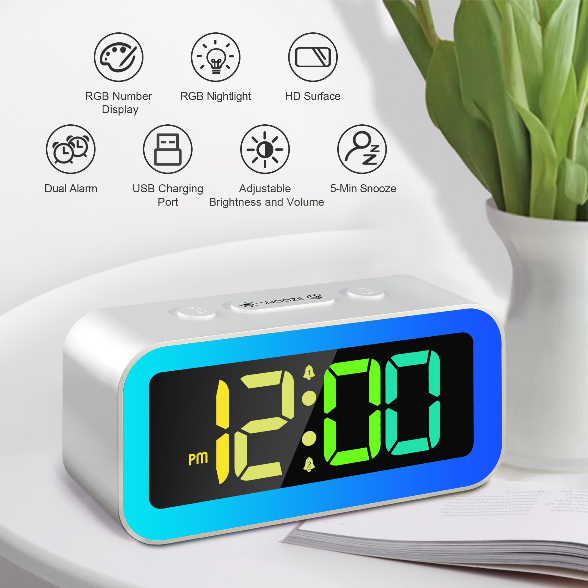 Colorful Nightlight LED Digital Alarm Clock with Super Loud Dual alarm, Weekday mode, Snooze, Dimmer, USB Charging Port for Livingroom, Bedroom, Bedside, Heavy Sleeper, Adult, Kid, Teens, gift, Silver