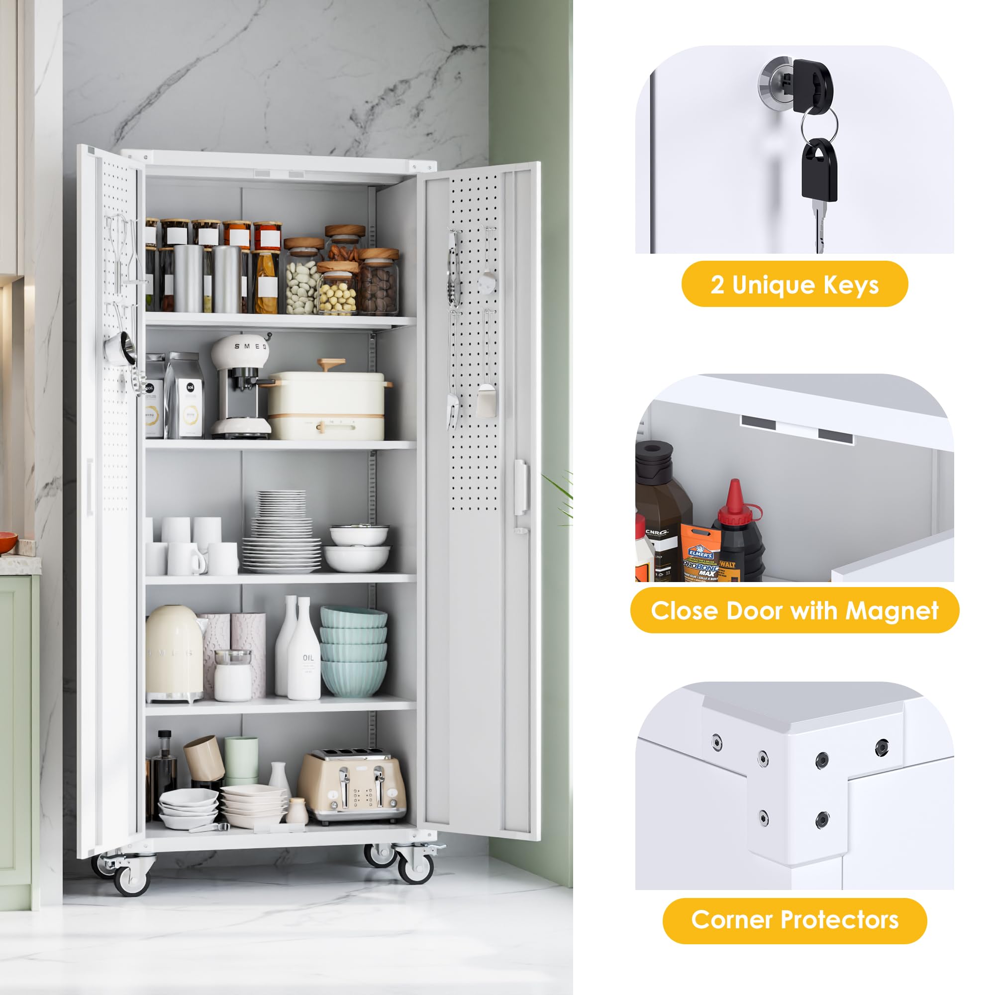 Aobabo 72" H Lockable Storage Cabinet on Wheels with 4 Shelves, Office Furniture Metal Storage Organizer with Wheels for Garage, Assembly Required, White