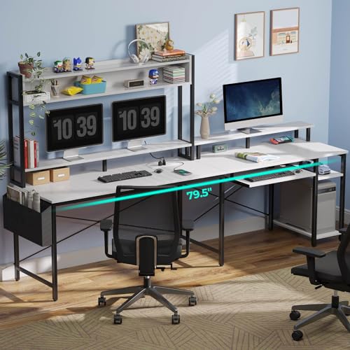 Rolanstar L Shaped Gaming Desk with Power Outlets & LED Lights, Reversible Computer Desk with Keyboard Tray, Storage Shelves, Monitor Stand & Hutch for Home Office, White