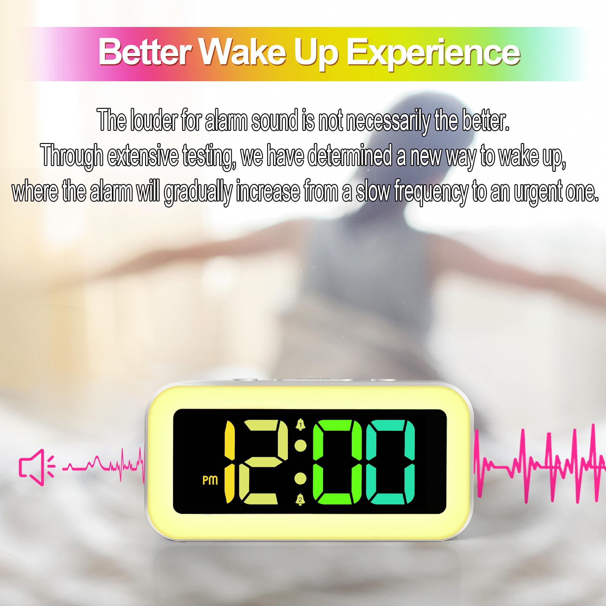 Colorful Nightlight LED Digital Alarm Clock with Super Loud Dual alarm, Weekday mode, Snooze, Dimmer, USB Charging Port for Livingroom, Bedroom, Bedside, Heavy Sleeper, Adult, Kid, Teens, gift, Silver