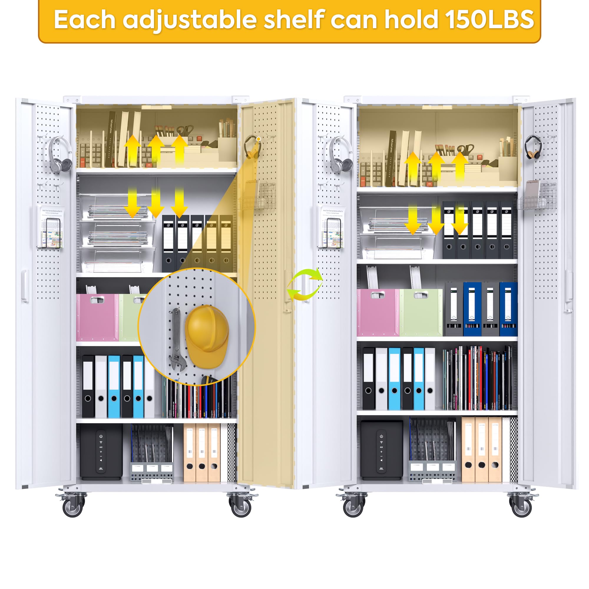 Aobabo 72" H Lockable Storage Cabinet on Wheels with 4 Shelves, Office Furniture Metal Storage Organizer with Wheels for Garage, Assembly Required, White