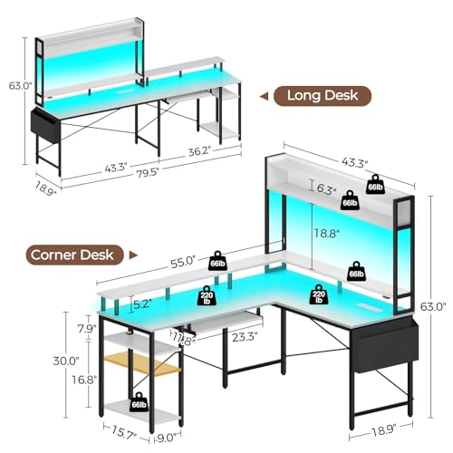 Rolanstar L Shaped Gaming Desk with Power Outlets & LED Lights, Reversible Computer Desk with Keyboard Tray, Storage Shelves, Monitor Stand & Hutch for Home Office, White