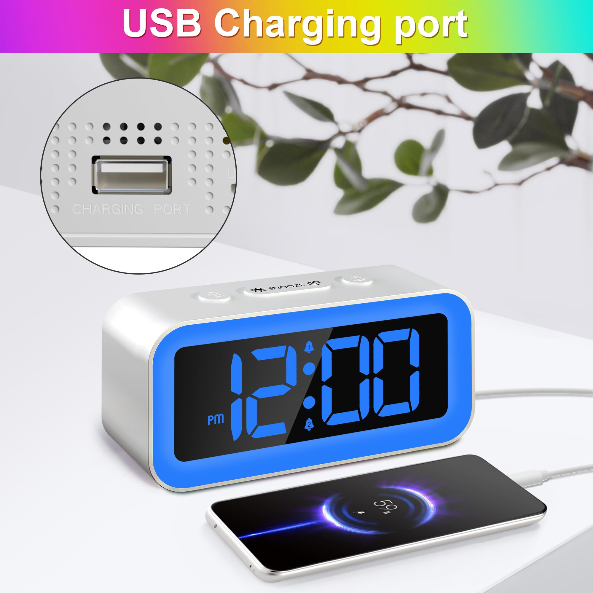Colorful Nightlight LED Digital Alarm Clock with Super Loud Dual alarm, Weekday mode, Snooze, Dimmer, USB Charging Port for Livingroom, Bedroom, Bedside, Heavy Sleeper, Adult, Kid, Teens, gift, Silver