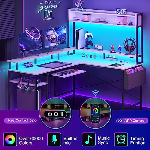 Rolanstar L Shaped Gaming Desk with Power Outlets & LED Lights, Reversible Computer Desk with Keyboard Tray, Storage Shelves, Monitor Stand & Hutch for Home Office, White