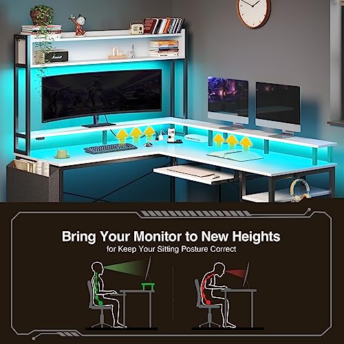 Rolanstar L Shaped Gaming Desk with Power Outlets & LED Lights, Reversible Computer Desk with Keyboard Tray, Storage Shelves, Monitor Stand & Hutch for Home Office, White