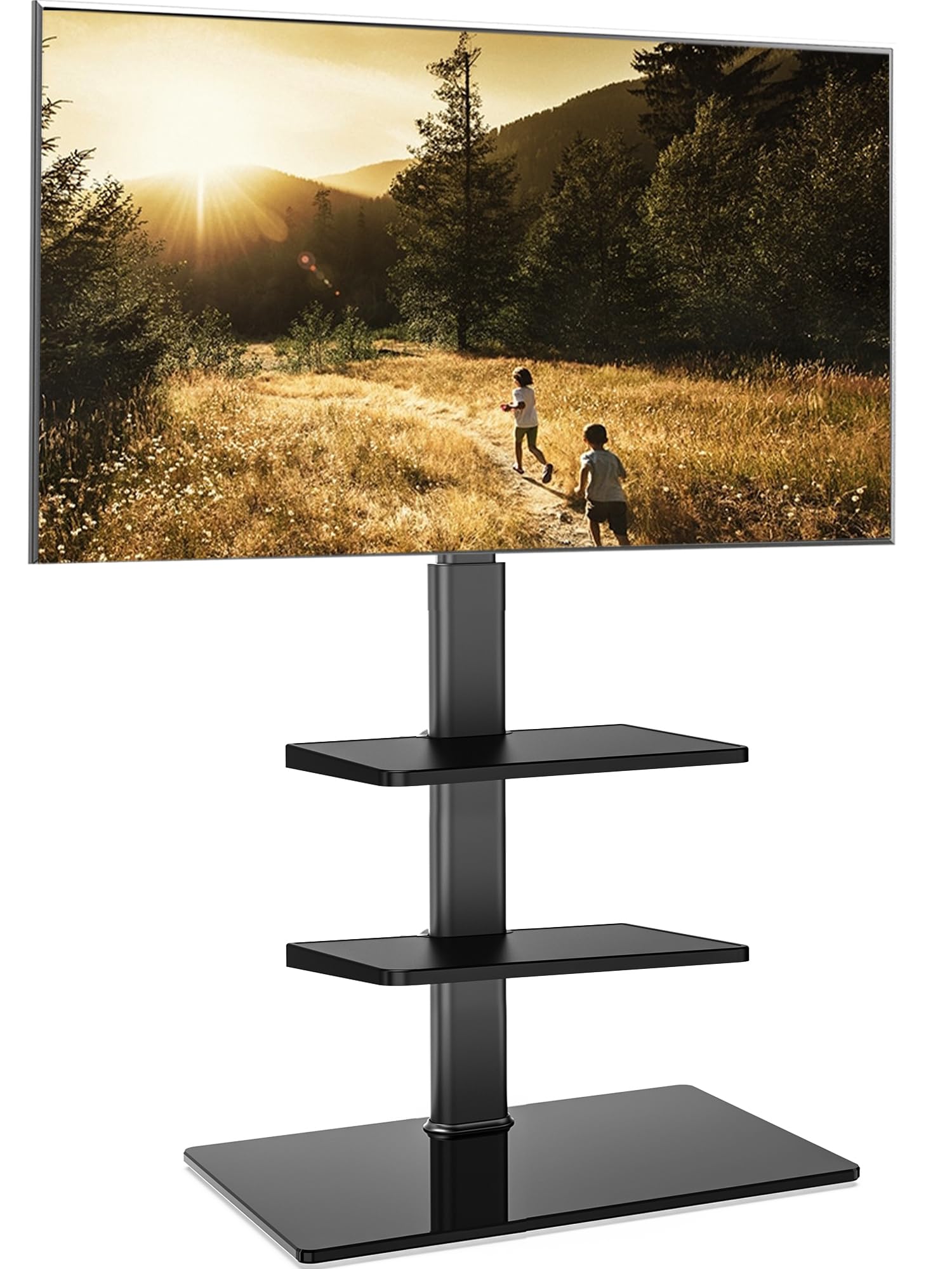 FITUEYES Floor TV Stand for 32 39 40 43 49 50 55 60 Inch TVs, TV Floor Stand with Swivel Mount, Max Holds 66lbs, White Glass Base, Height Adjustable TV Mount for Corner & Bedroom (With 2 Shelf, Black)