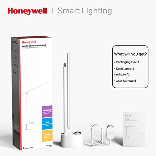 Honeywell LED Desk Lamp with USB Charging Ports - Sunturalux™ HWT-H01 Stepless Dimmable Eye Caring Table Lamp for College Dorm Home Office, Foldable Small Bedside Lamp for Bedroom with Base White