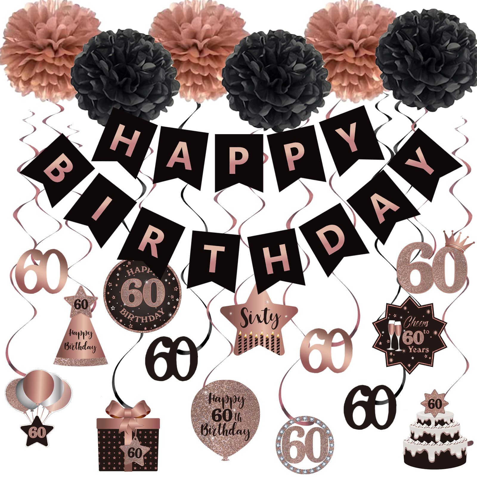 BRT Bearingshui Happy 60th Birthday Hanging Swirls Streamers Decoration Set, Happy Birthday Banner with Tissue Pompoms, Rose Gold and Black 60 Years Old Birthday Party Hanging Backdrop Decorations
