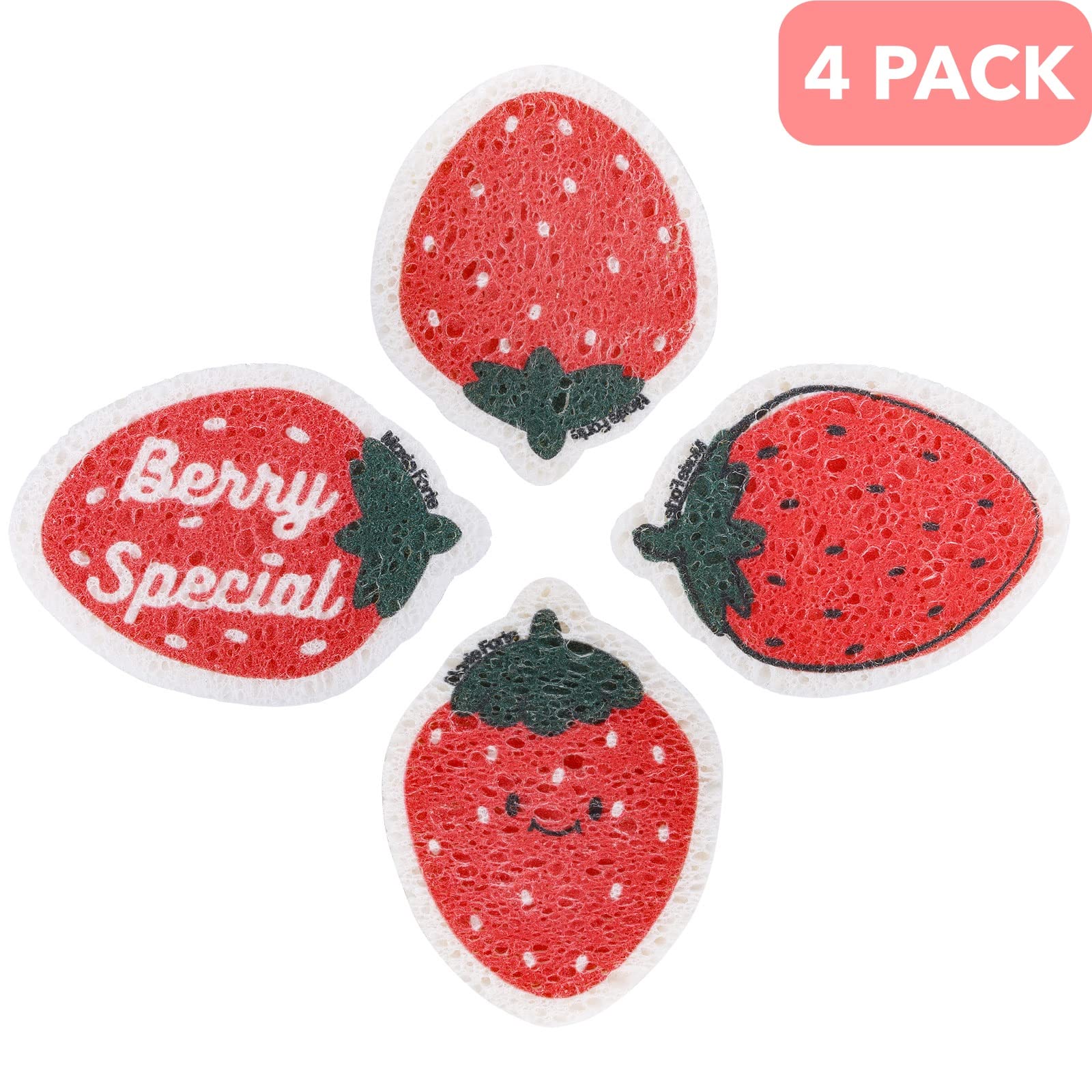 Moxie Forte 4Pack Cute Strawberry Kitchen Sponges -Berry Special Cellulose Compressed Sponges -for Dishwashing, Countertop Cleaning, Kids' Bath -Biodegradable, Odor Resistant, None Scratch