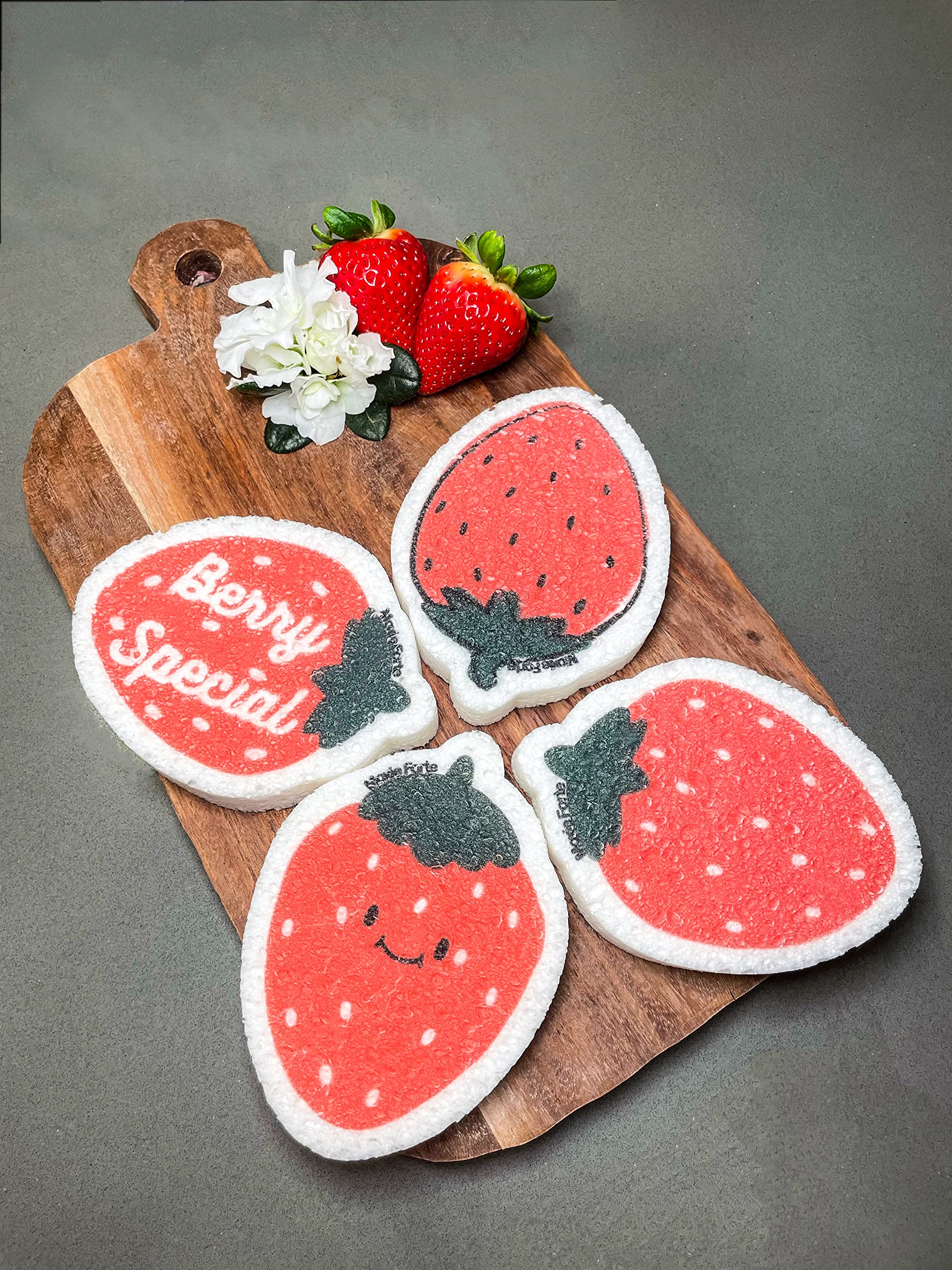 Moxie Forte 4Pack Cute Strawberry Kitchen Sponges -Berry Special Cellulose Compressed Sponges -for Dishwashing, Countertop Cleaning, Kids' Bath -Biodegradable, Odor Resistant, None Scratch