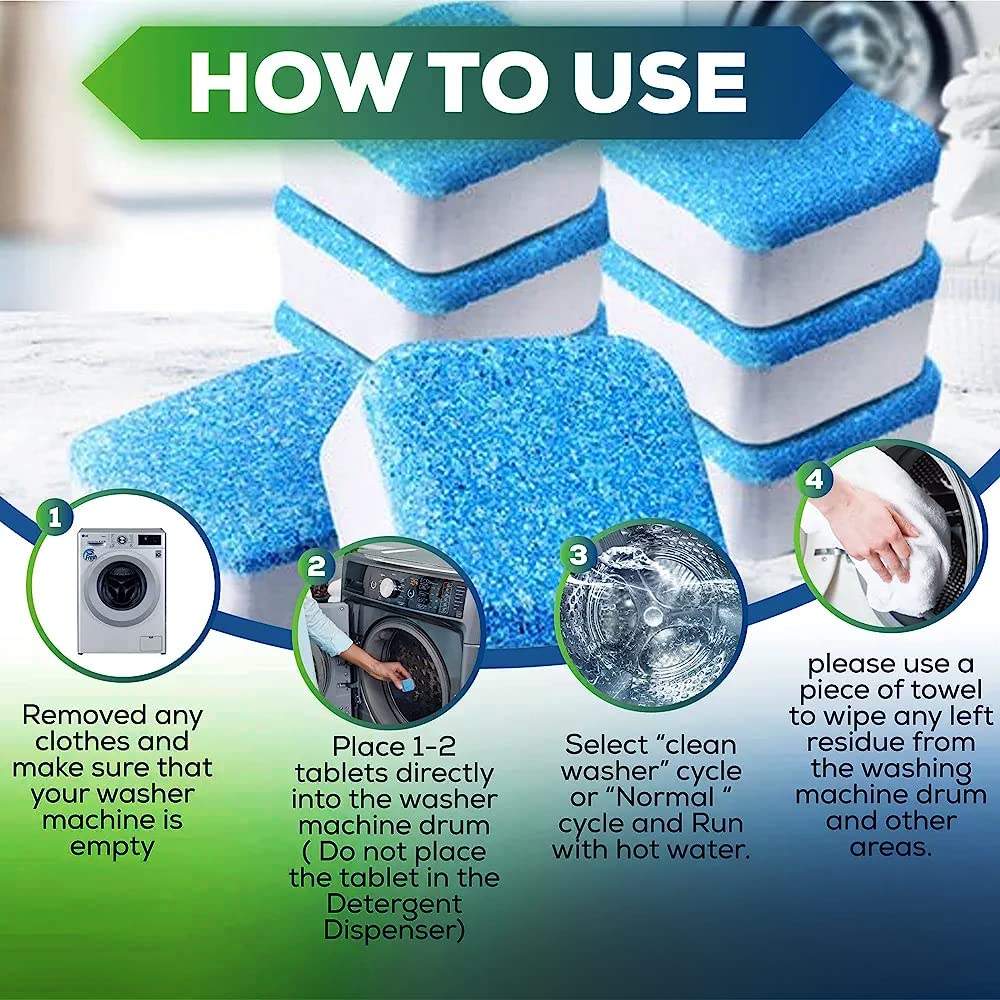 SainaHome Washing Machine Cleaner Tablet- Cleaning Tablets For HE Front Loader & Top Load Washer -12 Pack Economy Supply