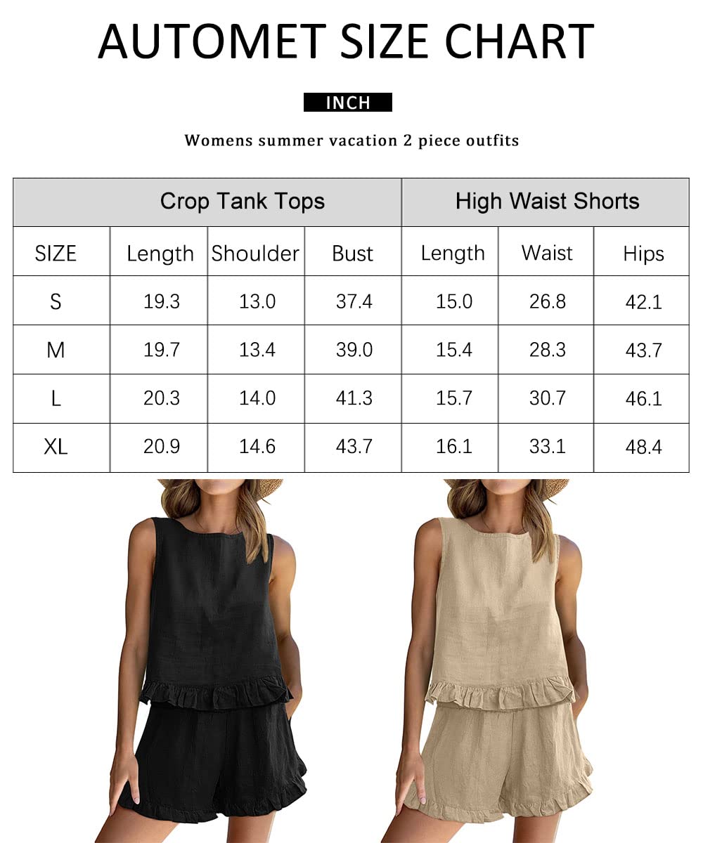 AUTOMET Womens 2 Piece Outfits Summer Sets Sleeveless High Neck Ruffle Crop Tops and High Waisted Shorts with Pockets Black S