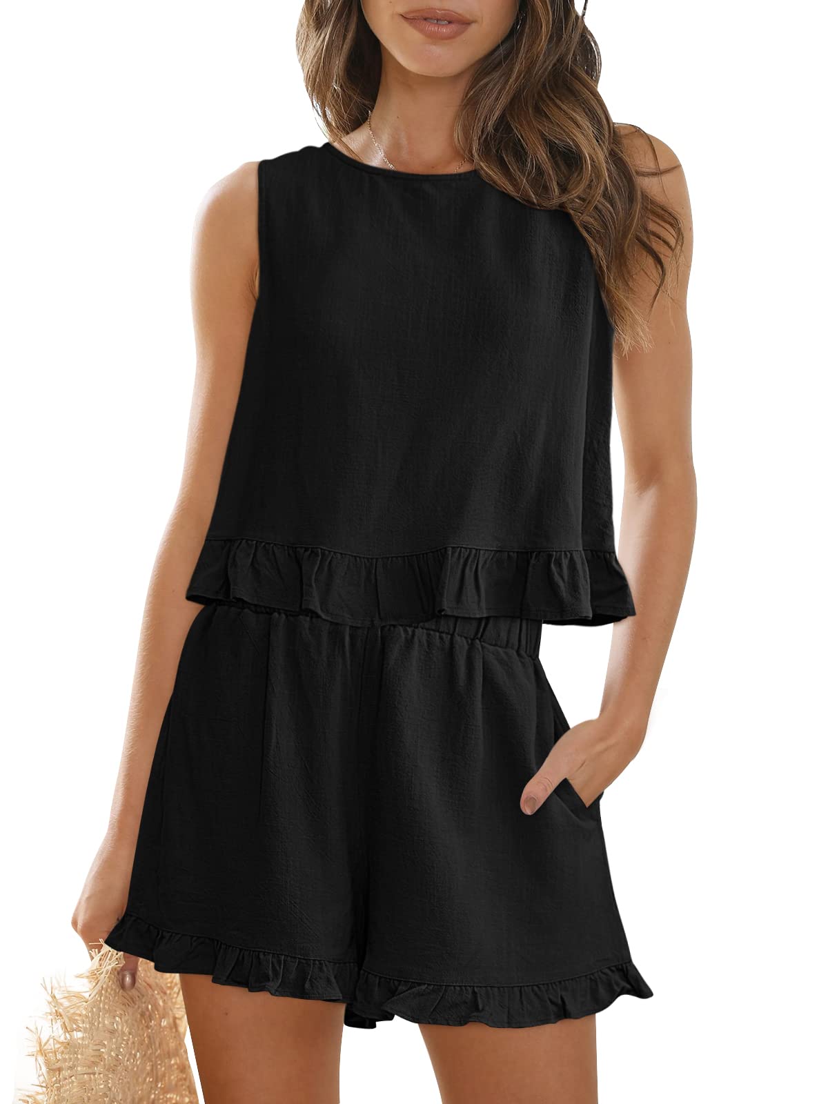 AUTOMET Womens 2 Piece Outfits Summer Sets Sleeveless High Neck Ruffle Crop Tops and High Waisted Shorts with Pockets Black S