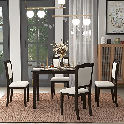 LCH 5-Piece Wooden Furniture Sets, Simple Style Rectangular Table Suit W/4 Upholstered Chairs for Home Compact Space Kitchen & Dining Room Breakfast, Lunch and Dinner (Espresso)